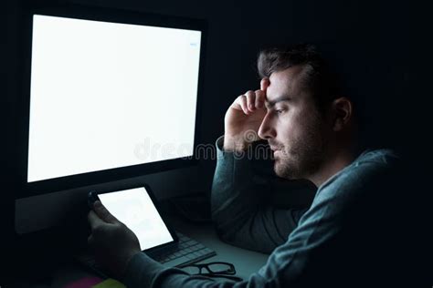 Man Face Illuminated By The Computer Monitor Light Stock Image Image