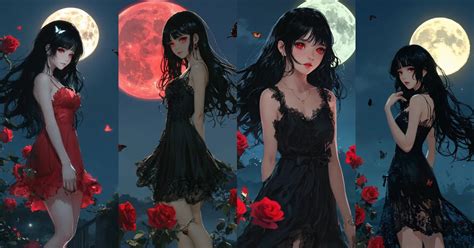 Lexica 여자 검정머리 장발 빨간 눈 발목까지 오는 검정색 시스루 나시 원피스 달이 보이는 밤 풍경 장미 머리핀 나비 장미 그림캐릭터 전신