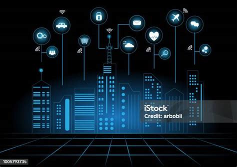 디지털 스마트 시티와 스마트 서비스 아이콘 증강 현실과 인터넷 것 들 개념의 건물 풍경 사물 인터넷에 대한 스톡 벡터 아트 및