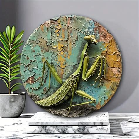 기도하는 사마귀 금속 예술 장식 표지판 집과 정원을 위한 알루미늄 벽걸이 방수 다목적 둥근 플라크 차고 레스 Temu