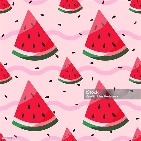 육즙이 많은 분홍색 조각이 있는 매끄러운 수박 프린트로 트렌디하고 현대적인 과일 패턴을 만듭니다 장난기 넘치는 터치로 여름 직물 포장지 아동복에 적합합니다 0명에 대한 스톡