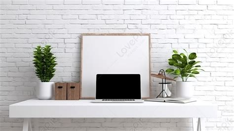 흰색 벽돌 벽 바탕에 3d 렌더링된 흰색 스크린 노트북 모형을 사용하여 세련된 사무실 환경에 빠져보세요 노트북 컴퓨터 배경