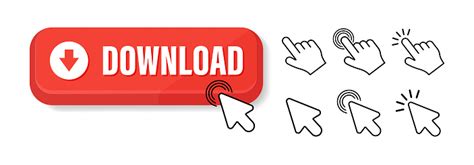 흰색 배경을 손으로 클릭하여 지금 다운로드 버튼 플랫 손가락 커서와 마우스 커서가 흰색 배경에 분리되어 있습니다 앱 및 웹 디자인 벡터 일러스트레이션을 위한 클릭 버튼