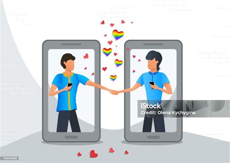 온라인 데이트 모바일 앱 스마트 폰을 사용하여 가상 관계에서 Lgbt 게이 커플 인터넷에서 채팅 소셜 네트워킹 데이트 응용 프로그램하지만 낭만적 인 메시지를 보내기