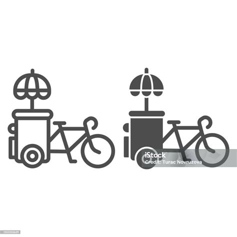 자전거 스톨 라인과 단단한 아이콘 스트리트 푸드 컨셉 흰색 배경에 아이스크림 자전거 카트 표지판 모바일 및 웹을위한 윤곽 스타일