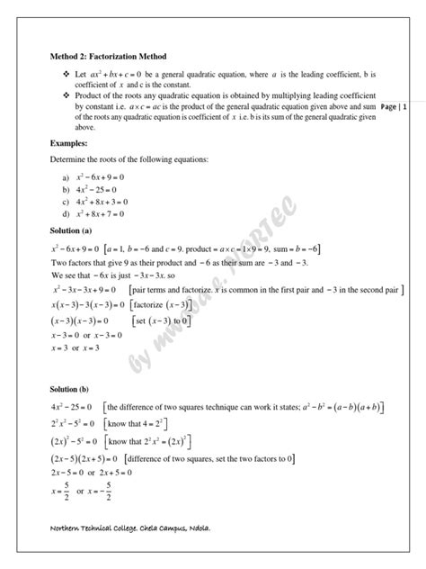 Quadratic Equations Factorization Method Pdf Quadratic Equation