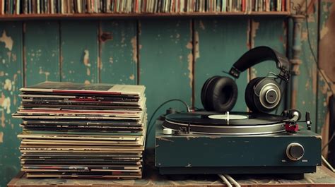Premium Photo Retro Turntable With Stack Of Old Vinyl Records On Wooden Table