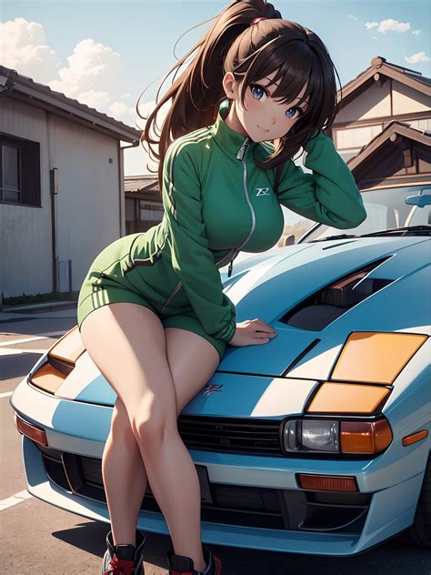 초록색 드레스를 입은 여성이 스포츠카에 앉아 있습니다 Seaart Ai