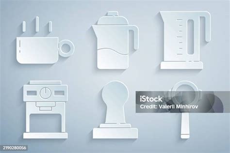커피 탬퍼 전기 주전자 머신 필터 홀더 프렌치 프레스 및 컵 아이콘을 설정합니다 벡터 3차원 형태에 대한 스톡 벡터 아트 및 기타 이미지 Istock