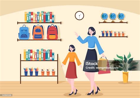 평면 만화 일러스트레이션에서 책 배낭 노트북 통치자 연필 펜 계산기 또는 가위와 같은 학교 용품을 구입하기위한 문구 가게 가위에