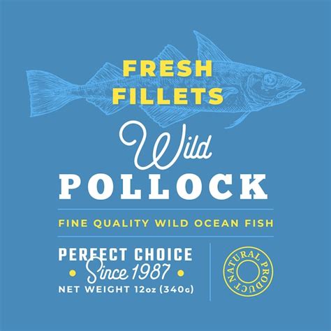 신선한 필레 프리미엄 품질 레이블 추상 벡터 생선 포장 디자인 레이아웃 테두리와 손으로 그린 알래스카 폴락 실루엣 배경이 있는 복고풍 타이포그래피 프리미엄 벡터