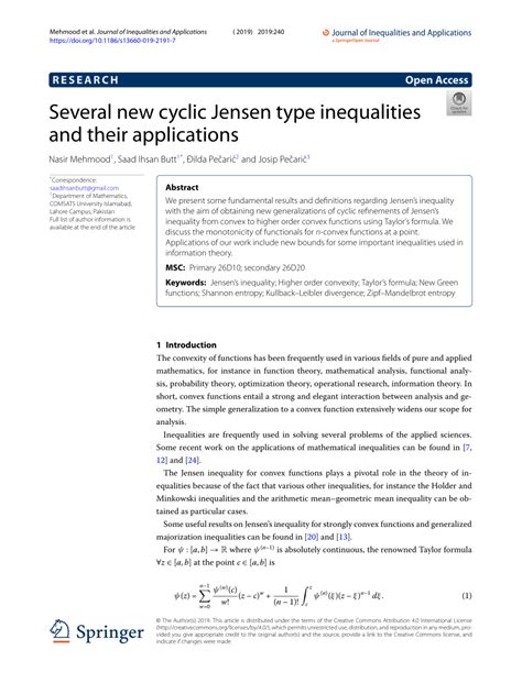 Pdf Several New Cyclic Jensen Type Inequalities And Their Applications