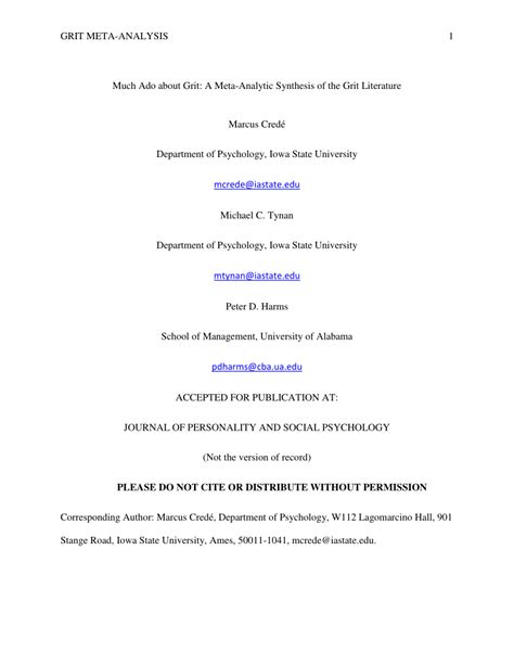 Pdf Much Ado About Grit A Meta Analytic Synthesis Of The Grit Literature