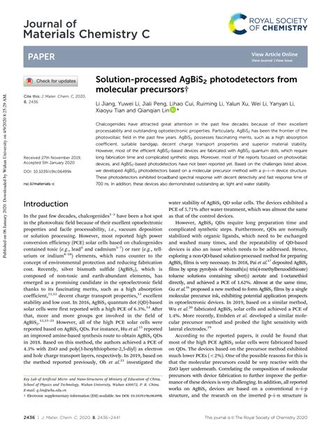Pdf Solution Processed Agbis2 Photodetectors From Molecular Precursors