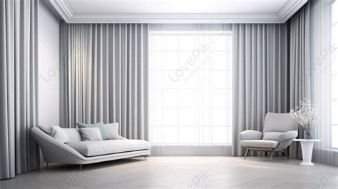 우아함에 푹 빠져보세요 흰색 커튼 소파 안락의자가 있고 조명이 가득한 3d 거실 거실 배경 가득 배경 흰색 거실 배경 이미지 Hd 거실 가득 흰색 거실 배경