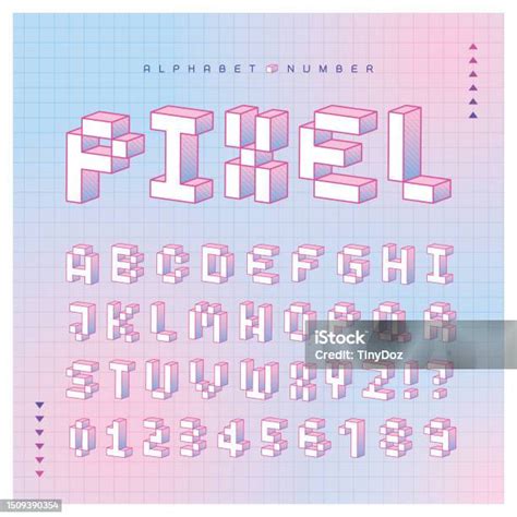 3d 픽셀 그라데이션 알파벳 글꼴 및 숫자 세트 알파벳에 대한 스톡 벡터 아트 및 기타 이미지 알파벳 웹사이트 와이어프레임 등측투영법 Istock