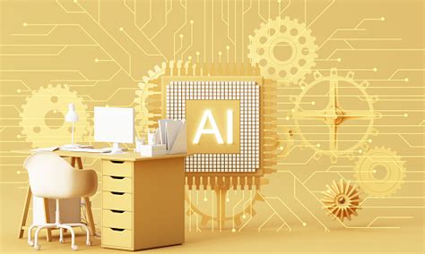 노트북 컴퓨터와 노란색 작업 책상 인공 지능과 현대 기술과 함께 작동하는 미래에 회사의 목표는 열심히 일합니다 배경 Ai 칩 및 회로에 3d 렌더링 Cpu에 대한 스톡 사진