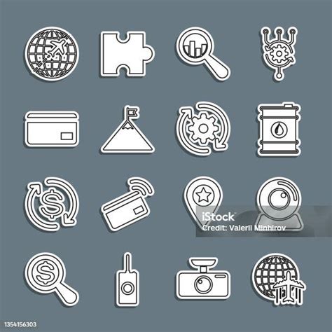 비행 비행기 웹 카메라 배럴 오일 돋보기 및 분석 산 플래그 신용 카드 및 기어 화살표 워크플로우 아이콘으로 라인 글로브를 설정합니다 벡터 0명에 대한 스톡 벡터 아트 및