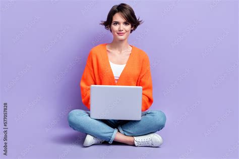Full Body Length Cadre Of Confident Programmer Professional Python Coder Young Woman Use Hp