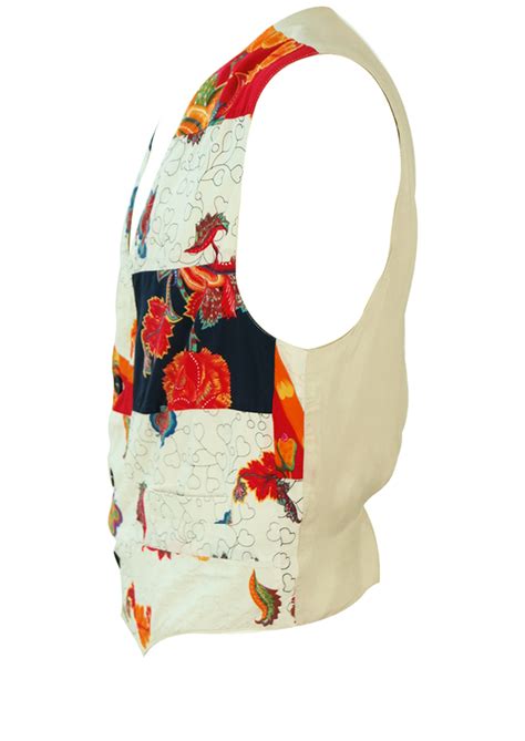 Patchwork Waistcoat With Navy Red Yellow And White Floral Patterns M L Reign Vintage