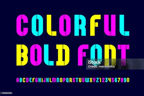 다채로운 글꼴 응축 굵은 굵은 밝은 알파벳 디자인 벡터 일러스트레이션을위한 그림자가있는 현대적인 기하학적 모듈 식 문자 및 숫자