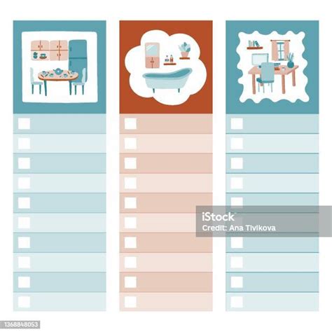 홈 인테리어와 만화 일러스트와 빈 입력 플래너를위한 스크랩북 템플릿 인쇄 가능한 편집 가능한 그림 학교 대학 일정 작업 노트 생각에 대한 개성 개념에 대한 스톡 벡터 아트