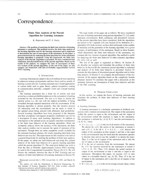 Pdf Finite Time Analysis Of The Pursuit Algorithm For Learning Automata