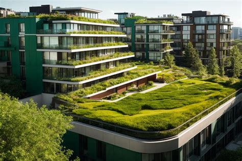 수영장과 함께 현대적인 집 아파트 현대적인 아파트 건물 녹색 지붕 3d 렌더링 프리미엄 사진