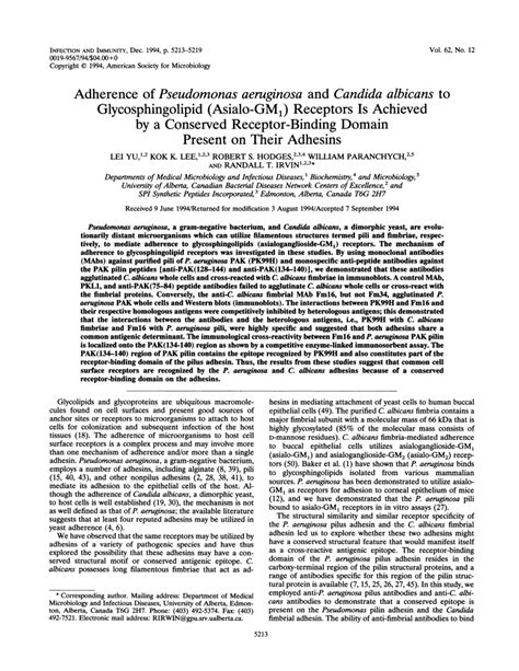 Pdf Adherence Of Pseudomonas Aeruginosa And Candida Albicans To Glycosphingolipid Asialo Gm1