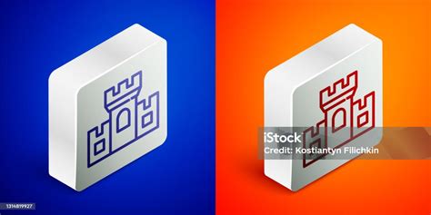 파란색과 주황색 배경에 격리 된 등색 선 성 아이콘 타워가있는 중세 요새 적으로부터 보호할 수 있습니다 도시의 신뢰성과 방어 실버 스퀘어 버튼 벡터 건축에 대한 스톡 벡터