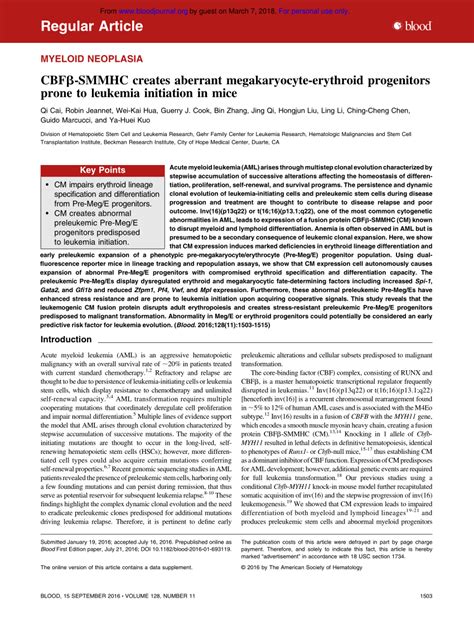 Pdf Cbf Smmhc Creates Aberrant Megakaryocyte Erythroid Progenitors Prone To Leukemia
