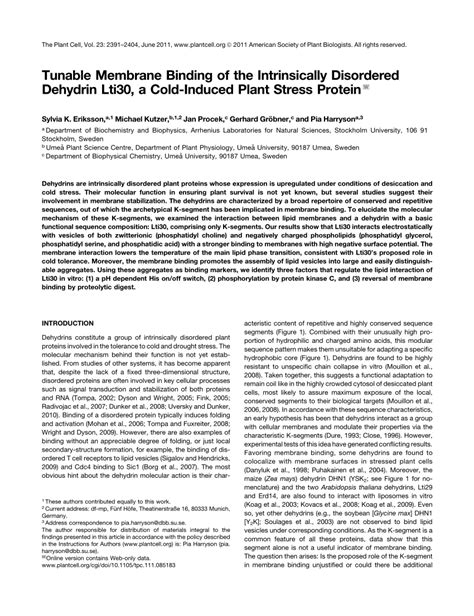 Pdf Tunable Membrane Binding Of The Intrinsically Disordered Dehydrin Lti30 A Cold Induced