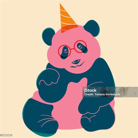 생일 모자를 쓴 팬더 아바타 배지 포스터 로고 템플릿 인쇄 Riso 인쇄 효과가 있는 미니멀한 스타일의 벡터 그림입니다 플랫