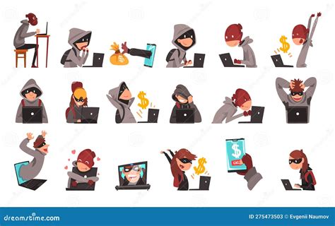 Hacker In Hoody And Mask Stealing Money And Personal Data Using Laptop Vector Set Stock Vector
