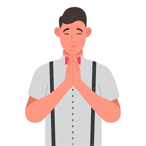 Молодой человек с закрытыми глазами молится за руки вместе векторная иллюстрация Премиум векторы