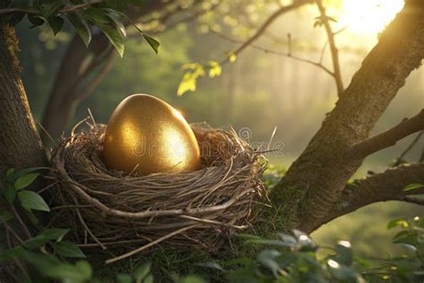 Beautiful Shiny Golden Egg In Bird Nest The Golden Egg In The Nest