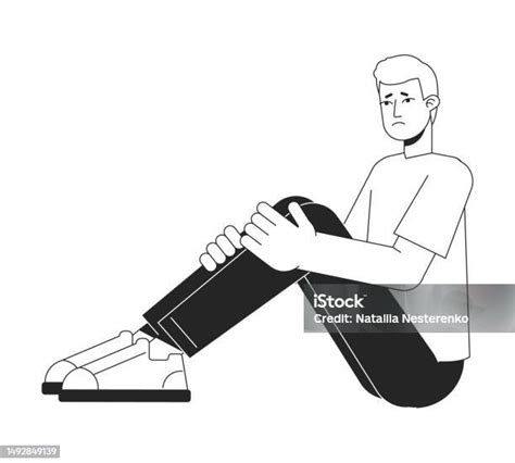 우울한 남자는 앉아서 다리를 잡고 평평한 선 검은 흰색 벡터 문자를 들고 있다 2차 도형에 대한 스톡 벡터 아트 및 기타 이미지 2차 도형 고독 개념 기진맥진