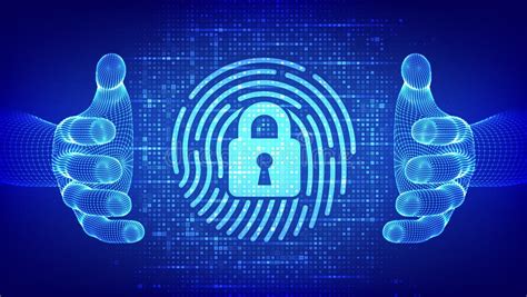 Fingerprint With Padlock Icon Made With Binary Code In Wireframe Hands Personal Data Protection