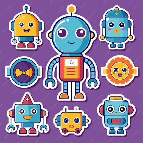 Cute Colorful Robots Cartoon Stickers Set Premium Ai Generated Vector