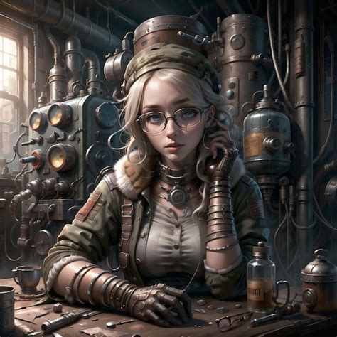 Premium Photo A Girl In A Steampunk Style With Glasses Sits At A