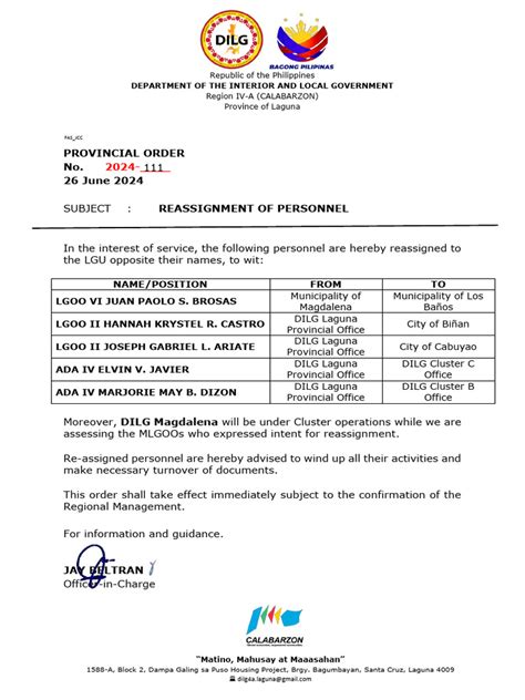 Fas Provincial Order No 2024 111 Reassignment Of Personnel Pdf