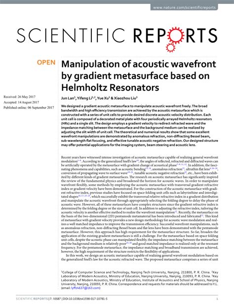 Pdf Manipulation Of Acoustic Wavefront By Gradient Metasurface Based On Helmholtz Resonators