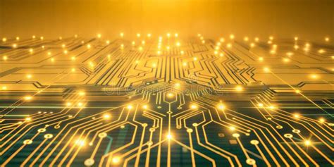 A Golden Circuit Board With Illuminated Pathways And Connections