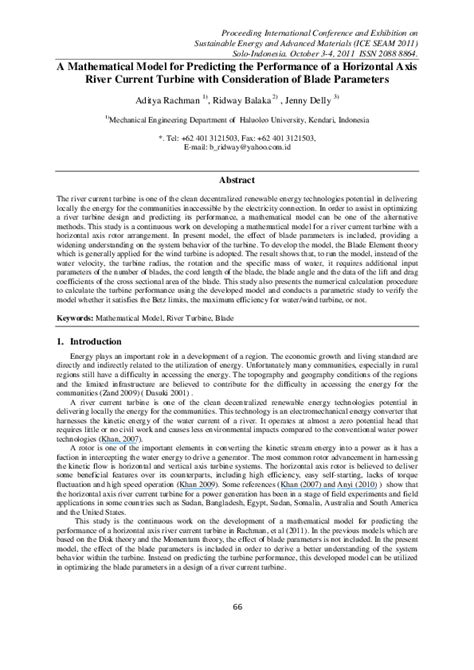 Pdf A Mathematical Model For Predicting The Performance Of The Renewable River Current Turbine