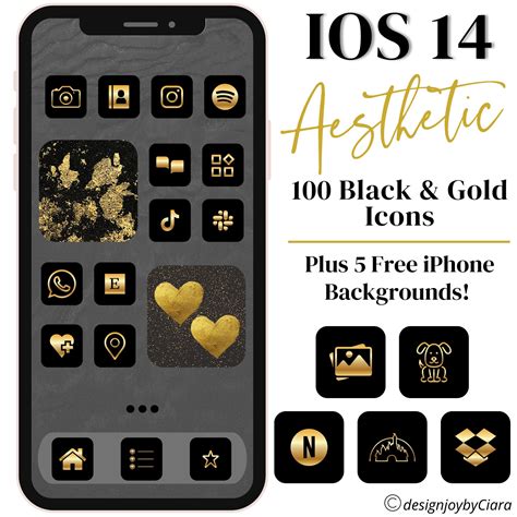 Ios 14 App Icons Pack Ios 14 App Covers Iphone Aesthetic Themes 100 Black And Gold Icons Gold