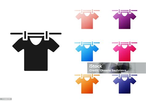 흰색 배경에 격리 된 검은 건조 옷 아이콘 깨끗한 셔츠 옷핀으로 밧줄에 옷을 씻으라 의류 관리 및 단정함 다채로운 아이콘을 설정합니다 벡터 가사 집안일에 대한 스톡 벡터