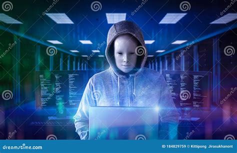 Hacker In Server Room Multiple Computer Monitors Vector Illustration