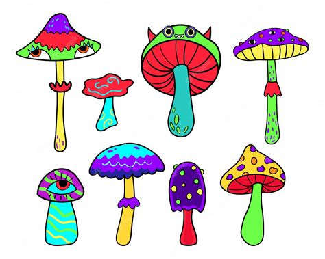 Premium Vector Set Of Vector Trippy Funny Doodle Monster Mushrooms Magic Trippy Acid Halloween