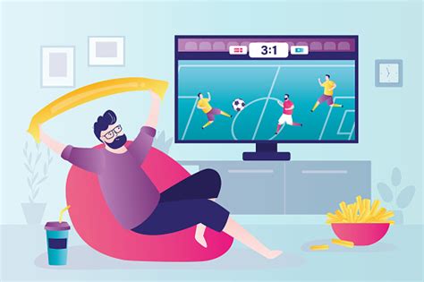 Tv를 보는 축구 팬 승리 골 승리 점수를 축하합니다 좋아하는 팀을 응원하는 흥분한 남자 남자 캐릭터 축구 서포터 행복한 사람 시계 경기 Championship에 대한 스톡