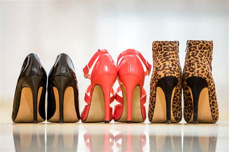 라이트 복사 공간 배경에 고립 된 세련 된 편안한 하이 힐 가죽 여성 신발의 3 쌍의 뒷 전망 스타일과 패션 현대 신발 개념입니다 0명에 대한 스톡 사진 및 기타 이미지